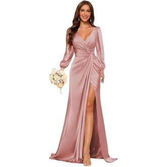 Generic Robes de demoiselle dhonneur en satin à manches longues et col en V avec fente, Grace 12, L