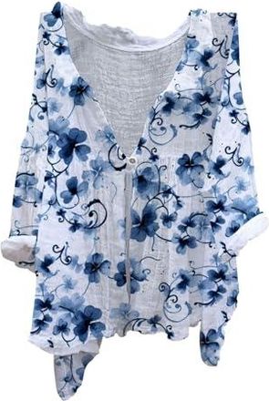 Generic Haut bohème pour femme - Imprimé élégant - Col en V - Chemisier boutonné en lin - Motif floral - Haut dété décontracté - Tunique ample à manches 3/4 -