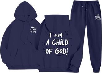 Generic Ensemble sweat-shirt &agrave; capuche &agrave; manches longues imprim&eacute; &agrave; la mode pour femme avec poches et pantalon assorti (Navy, XXL)