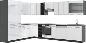 Vicco Eckküche Fame-Line, Küchenzeile in L-Form, Weiß Hochglanz/Anthrazit/Anthrazit