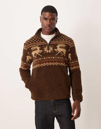 Polo Ralph Lauren Polarfleece-Sweatshirt in Braun mit kurzem Rei&szlig;verschluss und Norwegermuster-Brown