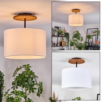 HOFSTEIN Deckenleuchte Bassagoda, Deckenlampe aus Metall/Holz/Stoff in Schwarz/Natur/Wei&szlig;, runde Leuchte im Boho-Design (Schirm &Oslash; 35 cm), E27, Esszimmer, Wohnz