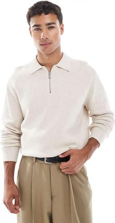 Jack & Jones Polo haut de gamme en maille &agrave; manches longues et col zipp&eacute; - Cr&egrave;me-Blanc