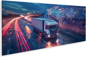 Islandburner Bild auf Leinwand Lkw auf Autobahn mit globalen Netzwerklichtern für Wohnzimmer Autofans Autowerkstatt Bilder Wandbilder Poster