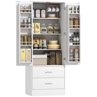 HOMCOM Highboard Küche, Küchenschrank, Geschirrschrank, 2 Türen, 4 Fächer, 8 Gewürzhalter, 2 Schubladen, verstellbare Regale, Aufbewahrungsmöbel für Wohnzimm
