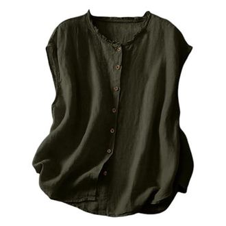 Generic D&eacute;bardeurs boutonn&eacute;s pour femme avec col &agrave; volants - Coupe ample - Sans manches - D&eacute;contract&eacute; - Printemps - &Eacute;t&eacute; - Quotidien, Vert noir, 3XL