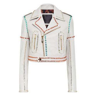 Philipp Plein Femme, Vestes, Blanc, Taille: 40 FR Nappa Crop Perfecto