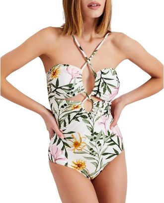 PatBo Patbo, Femme, Maillots de bain, Blanc, Taille: 38 FR Maillot de bain une pi&egrave;ce col en V avec pompons