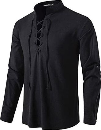 PARKLEES Chemise de loisirs rétro en coton pour homme - Manches longues - À lacets - Costume de pirate médiéval - Viking - Pour Halloween, Noir, XXL