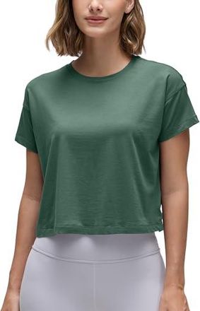 CRZ YOGA Femme Coton Pima Lâche Crop Tops Athletic Gym Casual T-Shirt Court Workout Chemises À Manches Courtes Vert Graphite 42