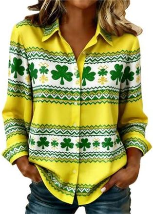 Generic Chemisiers en satin pour femme - Chemise boutonn&eacute;e &agrave; manches longues - Tr&egrave;fle porte-bonheur - En satin de soie - Col en V - Style d&eacute;contract&eacute; - Coupe 