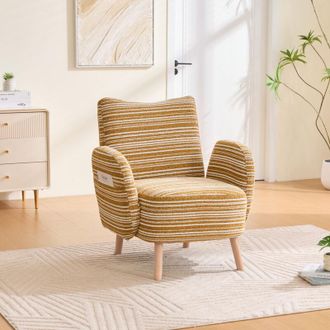 STILVORA Fauteuil de Lecture avec Poche Lat&eacute;rale Confort Ergonomique Pieds en Bois Massif en Boucl&eacute; Jaune Moutarde