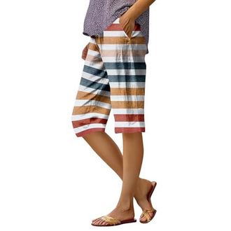 Generic Jupe-short d&eacute;t&eacute; en lin m&eacute;lang&eacute; imprim&eacute; longueur genou, taille &eacute;lastique, &agrave; enfiler avec poches, pantalon court d&eacute;contract&eacute; boh&egrave;me floral et ray&eacute; pour 