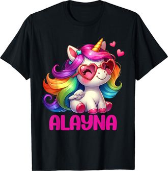 BDAZ Alayna Personalisierter Name Buntes Einhorn Damen M&auml;dchen T-Shirt