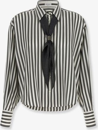 Brunello Cucinelli Striped silk shirt with foulard - BRUNELLO CUCINELLI - gender_Woman