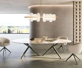 DELIFE Esstisch Edge Oval 280x130 Keramik Minas Melange Wei&szlig;-Beige Estelar rund Metall Effektfinish Titan, Esstische