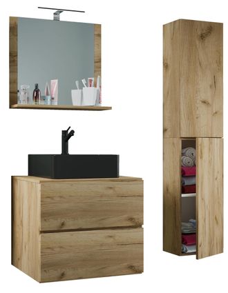 VCM 4-TLG. Waschplatz Waschtisch | schwarzes Waschbecken Unterschrank Breite 60 cm | Badm&ouml;bel Set mit Schubladen Dreht&uuml;ren Spiegel | Lendas S BL