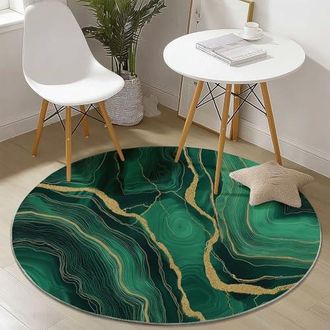 Generic Flanelle Tapis Rond Diam&egrave;tre 120 cm, &Eacute;l&eacute;gant Luxueux Marbr&eacute; Lignes imprim&eacute; Th&egrave;me pour Balcon Jardin Salon et Salle &agrave; Manger, Vert Or Tapis Rond Antid&eacute;