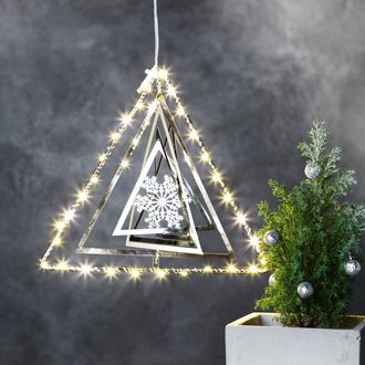 Hellum Funkelndes Metallobjekt Dreieck mit LED Lichterkette, 30 warmweiße LEDs, 20x17cm, batteriebetrieben, 50cm lange transparente Zuleitung 523010