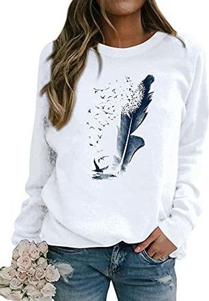 Dresswel Pull pour femme - Imprimé plume - Sweat-shirt à manches longues - Col rond - Manches longues - Automne - Hiver - Hauts - Chemisier, 2 - Blanc., L