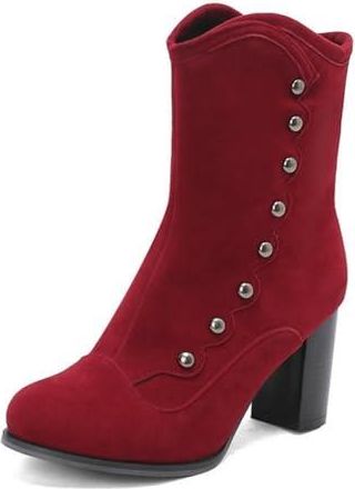 Generic Bottines r&eacute;tro habill&eacute;es pour femme avec fermeture &eacute;clair lat&eacute;rale en velours bout rond bloc talon haut confort hiver chaud, Rouge, 39.5 EU