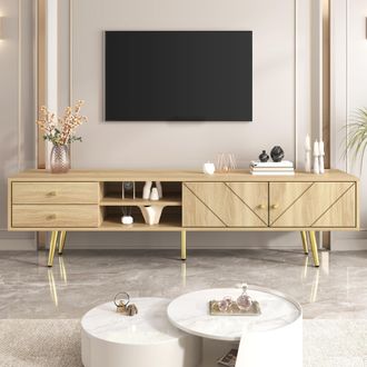 Generic TV Lowboard 160 cm Holzoptik Fernsehtisch f&uuml;r Fernseher bis 70 Zoll Modernes Design Rillenfront Goldene F&uuml;&szlig;e TV Schrank mit Schubladen Sideboard f&uuml;r W