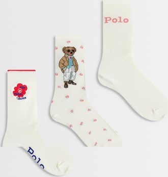 Polo Ralph Lauren Coffret cadeau avec 3 paires de chaussettes &agrave; logo Polo Bear - Ivoire-Blanc