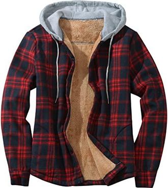 Generic Veste chemise pour homme - Veste à capuche doublée - Veste polaire épaisse à carreaux - Veste de transition pour homme - Veste chaude en flanelle - Ve
