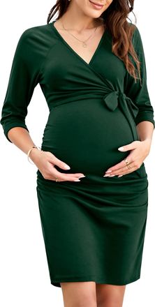KOJOOIN Damen Elegant Umstandskleid V-Ausschnitt Schwangerschaftskleid Stillkleid mit Falten Etuikleid Dunkelgr&uuml;n(3/4 &Auml;rmel) XL