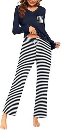 Ekouaer Conjunto de Pijama de Manga Larga de 2 piezas a Rayas ropa de Dormir de Invierno Bleu Marine XL