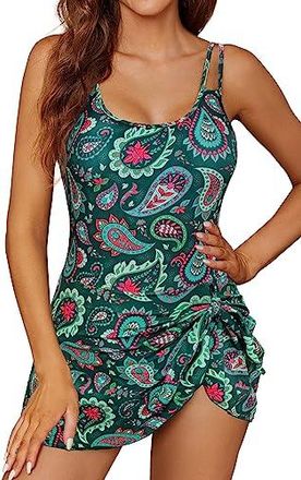 SHEKINI Femme Maillot de Bain 1 Piece Sexy Élégant Rembourré Maillots Une Pièce avec Jupette Robe de Bain Grande Taille(XXL, Vert PS)