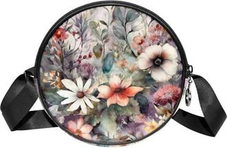 Generic Petit sac &agrave; bandouli&egrave;re rond pour femme, motif floral avec fermeture &eacute;clair, bretelles r&eacute;glables, style d&eacute;contract&eacute;, pour femmes et filles