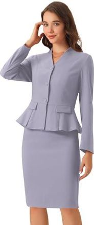 Allegra K Costume daffaires 2 pièces pour femme - Costume de fête des mères à manches longues sans col - Blazer péplum - Jupes crayon, Gris et violet., XL
