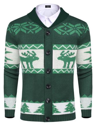 Coofandy Herren Pullover Weihnacht Lustig H&auml;sslich Winter Warme Norweger Strickjacke Ugly Christmas Sweater M&auml;nner Weihnachten Pulli Gr&uuml;n M