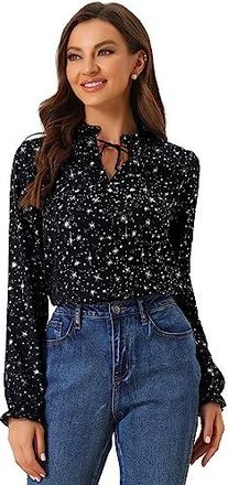 Allegra K Femmes Cravate à Volants Encolure à Pois Blouse Hauts Manches Longues étoile Noire M