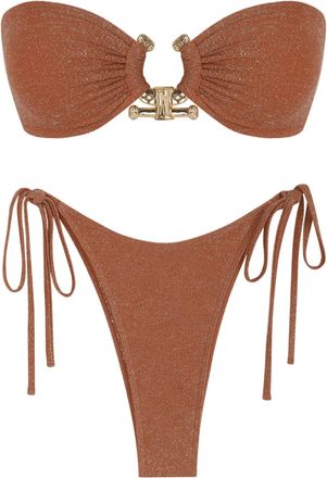 Zaful Bandeau-Bikini-Set mit Metallringen, seitlich zum Binden, hoher Schnitt, 2-teiliger Badeanzug mit Cut-Out-Bademode, Rostrot, S