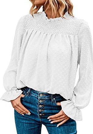 Generic Chemise en mousseline de soie &agrave; manches longues pour femme - Automne et hiver - Col rond - Volants - Couleur unie, blanc, XL