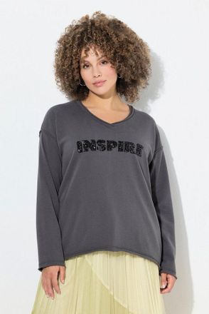 Ulla Popken Sweatshirt Sweatshirt Pailletten-Schriftzug V-Ausschnitt