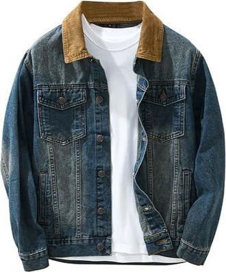 Generic Blue Jean Jacket for Men Western Vintage Denim Jacket Cotton Cowboy Jean Coat Outwear Clothes Retro Blue X Large