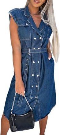 Onsoyours Robe en Jean pour Femme Denim Robe Été Chemisier Robe Tunique Vintage Jean Bouton Hauts Robe avec Poches = Coupe Ajustée Dress J Bleu Foncé L