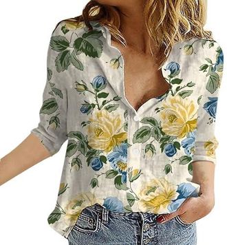 Generic Haut &agrave; manches longues &agrave; col en V pour femme - Chemisiers floraux &agrave; manches longues - Blouses et chemises de plage, hauts de vacances, hauts basiques 