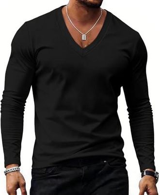 Generic T-shirt &agrave; manches longues pour homme - Col en V - Manches longues - Respirant - Coupe ajust&eacute;e - Couleur unie - Stretch, Noir (01), XXL