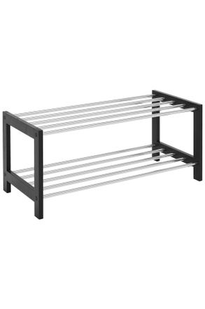 CARRYHOME Schuhregal, Schwarz, Edelstahl, Metall, Kiefer, massiv, 2 F&auml;cher, 76x32x34 cm, stehend, Garderobe, Schuhaufbewahrung, Schuhregale