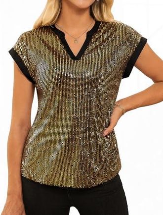 Grace Karin Hauts &agrave; Paillettes pour Femmes FR Col en V Manches Courtes Blouse de F&ecirc;te &Eacute;tincelante, dor&eacute;, XXL