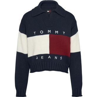 Tommy Jeans Femme, Pulls, Bleu, Taille: 36 FR Pull Col Rugby Coupe Droite avec Laine