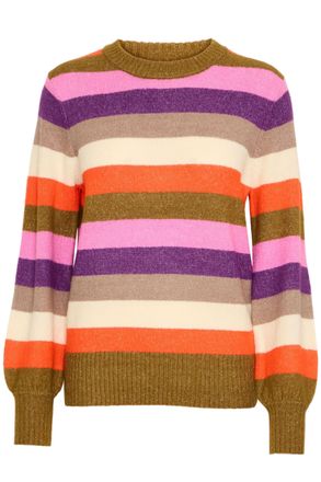 Ichi IHEDEN Damen Strickpullover Feinstrick Pullover Pulli mit Rippkragen Rippb&uuml;ndchen leicht elastisch Loose fit, Gr&ouml;&szlig;e:L, Farbe:Green Mix Color Stripe (2