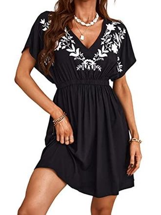 Cupshe Robe Col en V Élastique Taille Cover Up Set Manches Courtes Pull Over Robe Mi-Longue pour Les Femmes Black01 Small