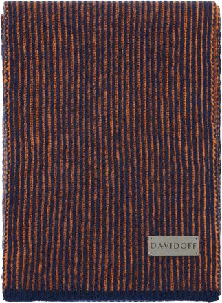 Davidoff ESSENTIALS Herren Schal Marineblau/Orange - sportlicher Schal aus 100% Wolle - w&auml;rmender Wollschal in gerippter Optik mit Lederschildchen