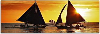 Paul Sinus Art Bilder Wand Bild - Kunstdruck 120x40cm Island Meer Segelboote Sonnenuntergang