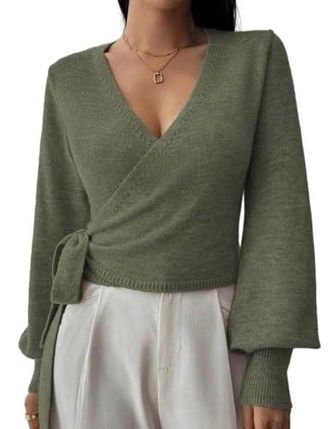 Generic 2026 Y2K Pull cache-coeur pour femme - Haut court &agrave; nouer sur le devant - Manches longues et col en V - D&eacute;contract&eacute; - Tendance - Tricot doux, Vert, XL